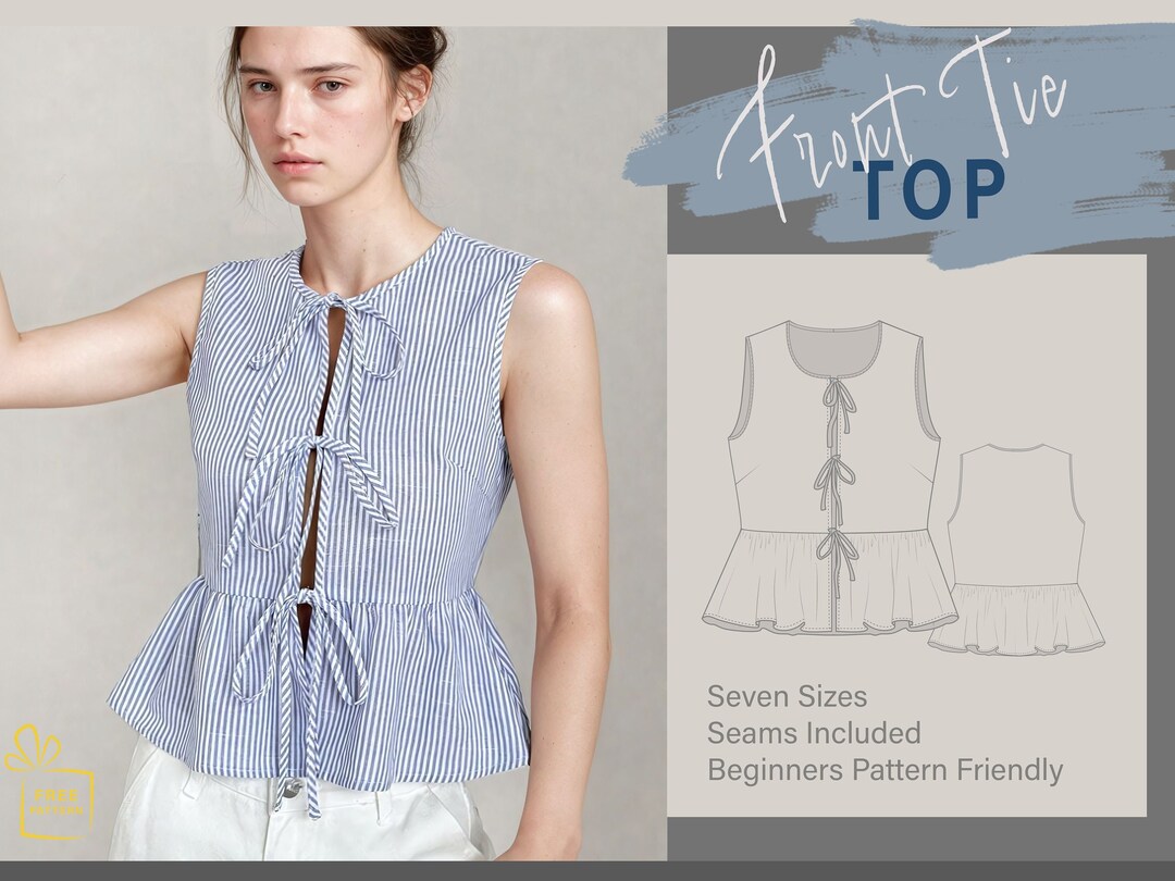Top Sewing Pattern Ties Front Top With Frilled Hem Open Front Top ...