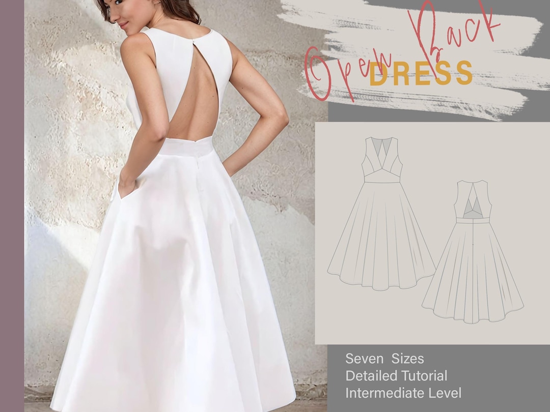 Backless Dress Sewing Pattern | Flare Skirt Midi Gown With V-neck ...