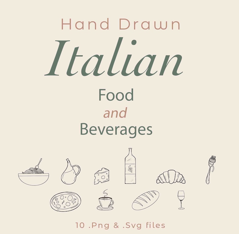 Hand Drawn Food and Beverages PNG SVG, Italian Drink Clipart ...