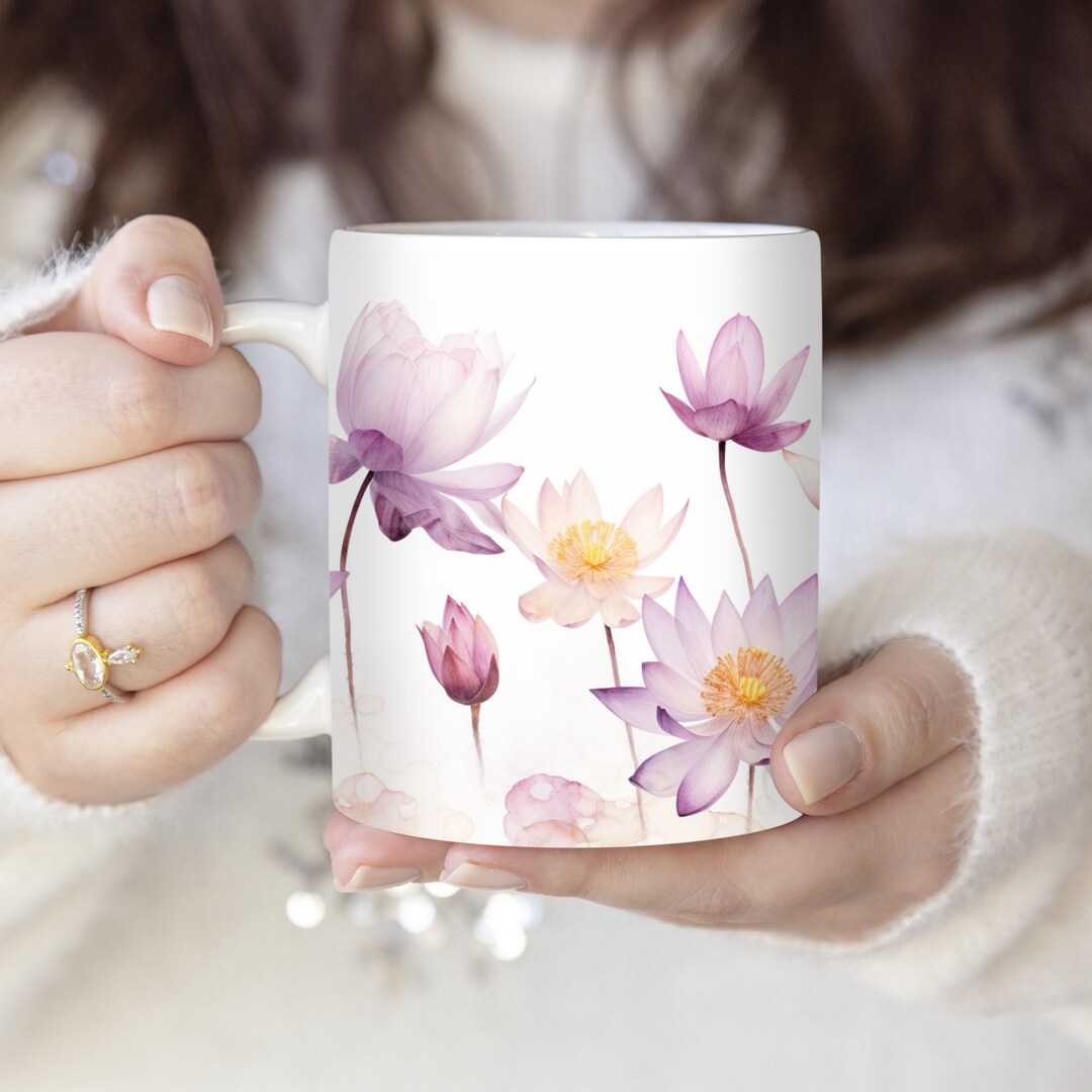 July Mug, Birth Month Mug, Water Lily Pressed Flowers, Gift for Her ...