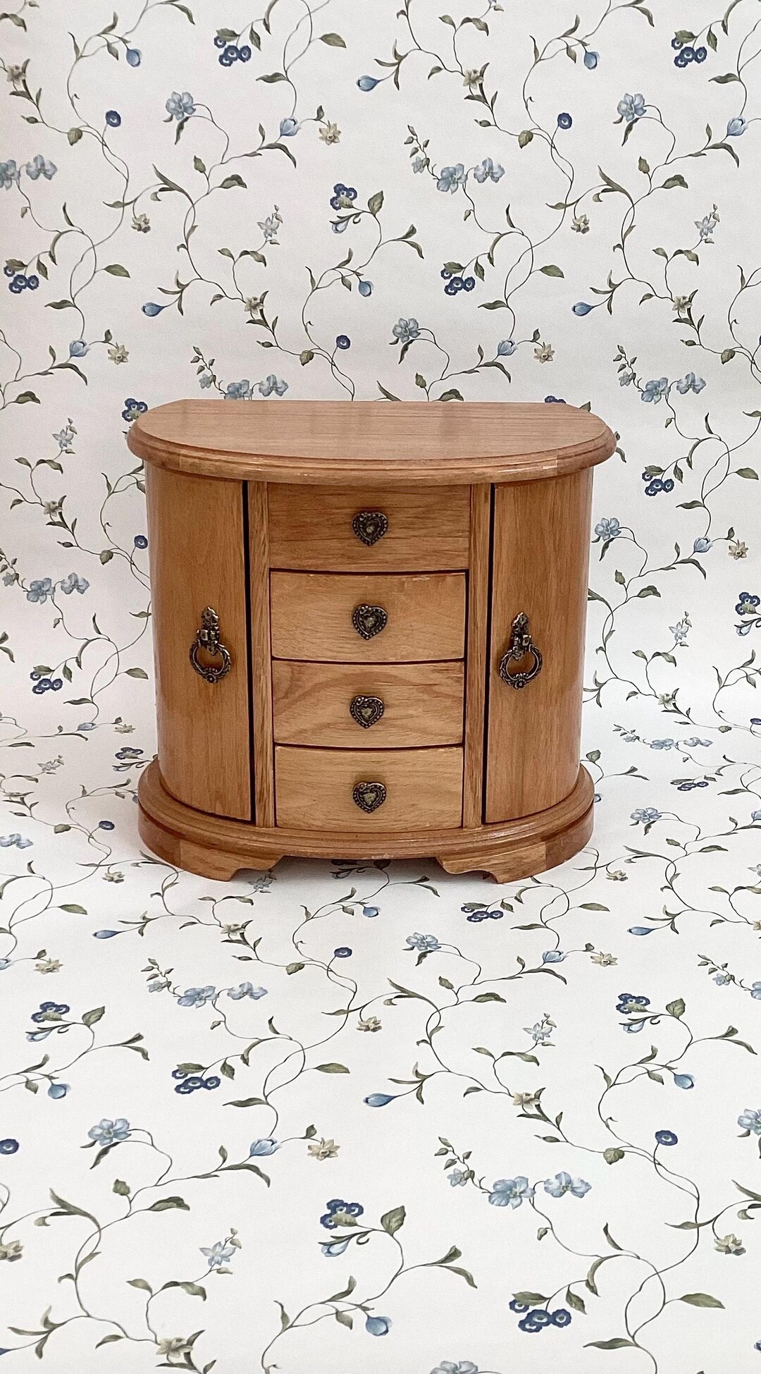 Vintage Wooden Heart Floral Jewelry Box, Wood Armoire Hinged Door ...