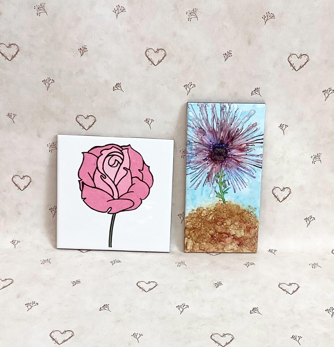 Handpainted Floral Graphic Ceramic Tile, Pink Rose Accent Ceramic Tile ...
