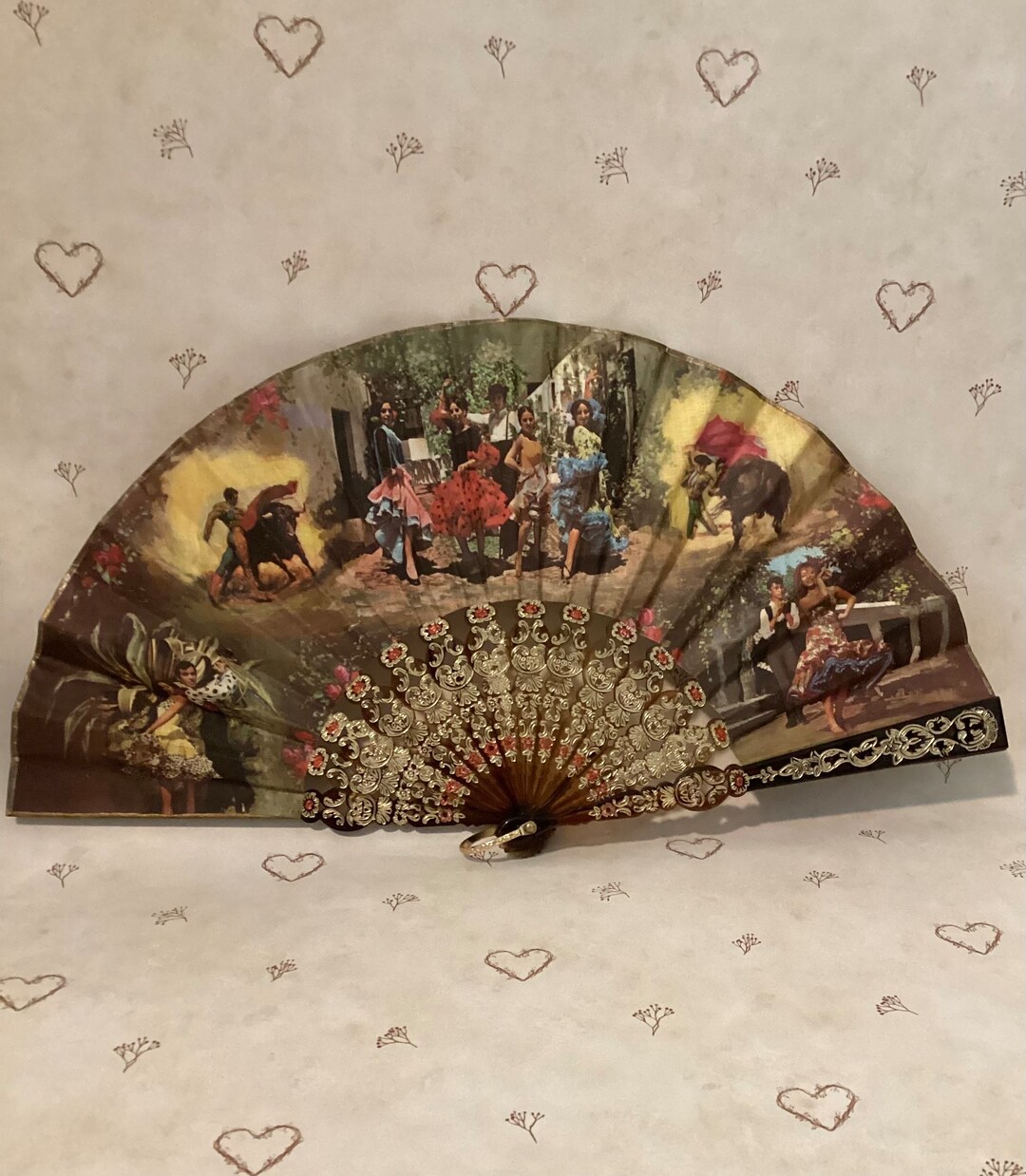 Vintage Victorian Scene Flamenco Dancers Hand Fan, Colorful Vintage ...