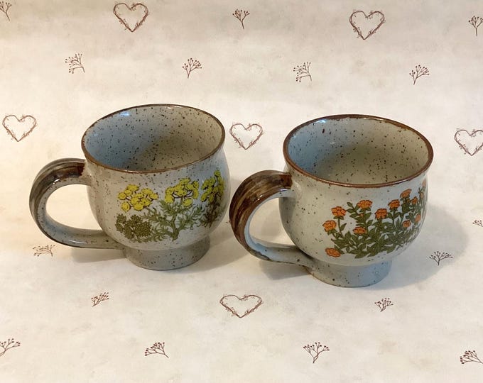 Vintage Pair Floral Stoneware Pottery Coffee Tea Mug, Floral Pottery ...