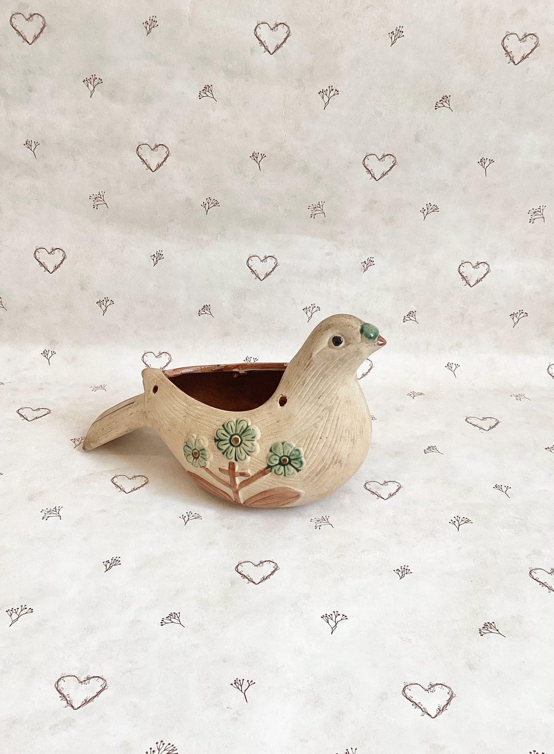 Vintage Pottery Bird Planter, Hanging Floral Bird Ceramic Plant Pot ...