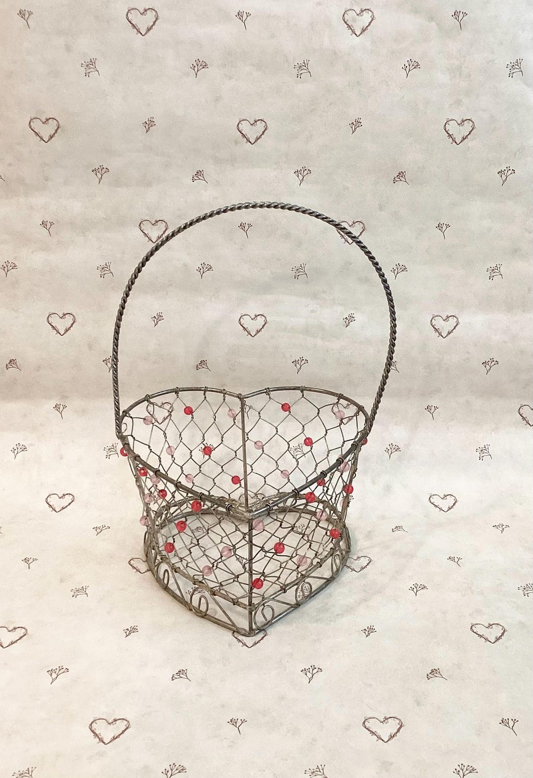 Vintage Heart Shaped Twisted Wire Basket With Plastic Beads, Vintage ...