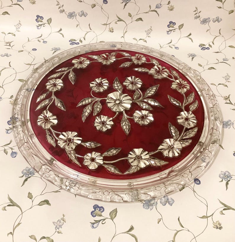 Vintage Silver Inlaid Flowers Glass Serving Tray, Floral Silver Glass ...