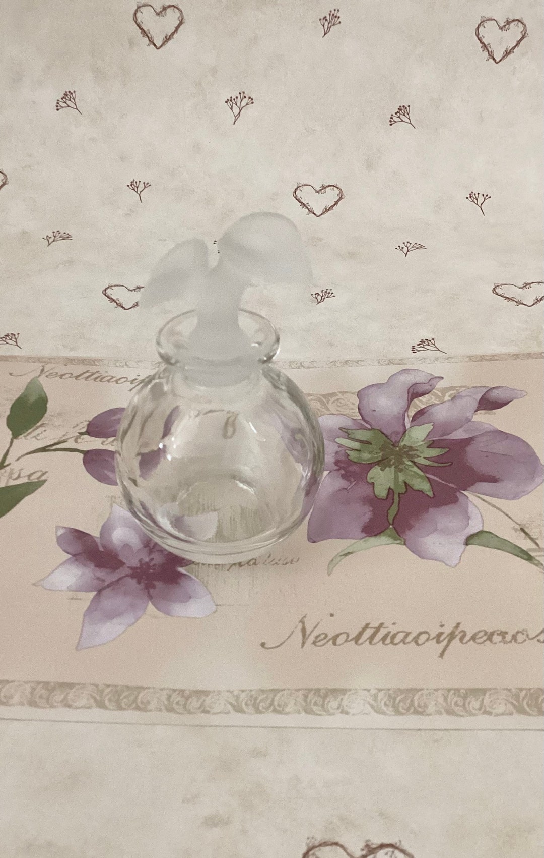 Vintage Crystal Art Glass Perfume Bottle, Floral Frosted Glass Topper ...