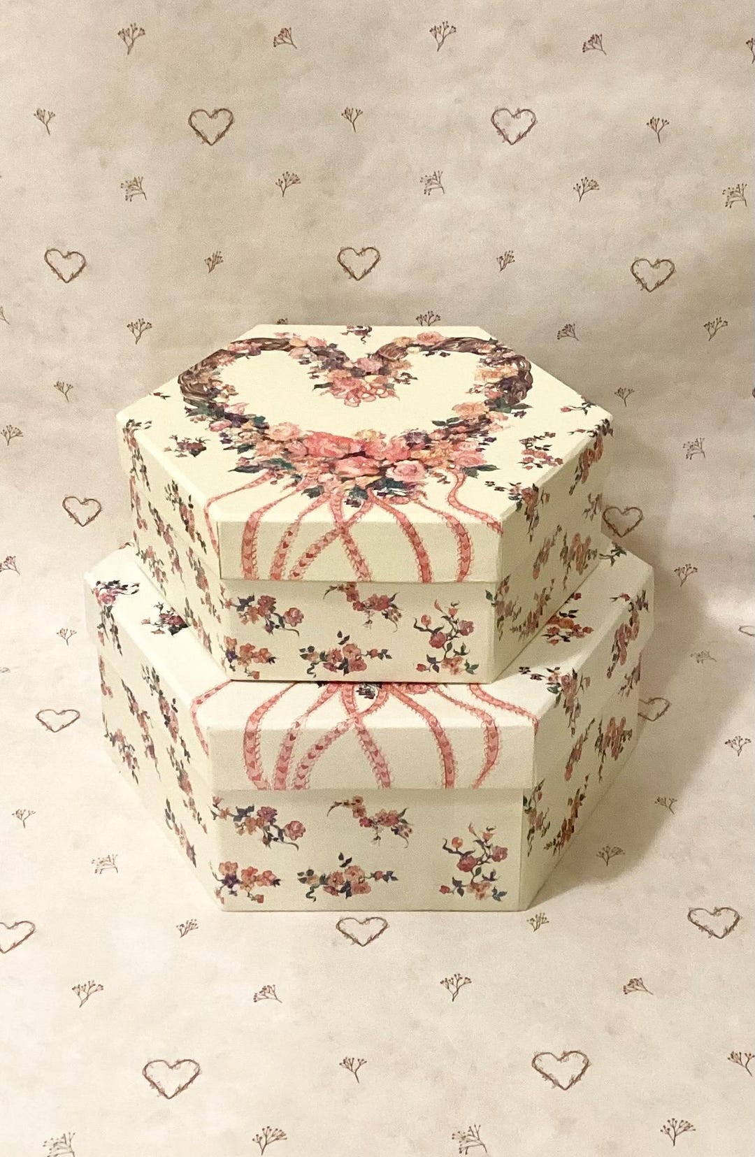 Vintage Floral Heart Storage Boxes, Flowers and Ribbons Hexagon Vintage ...