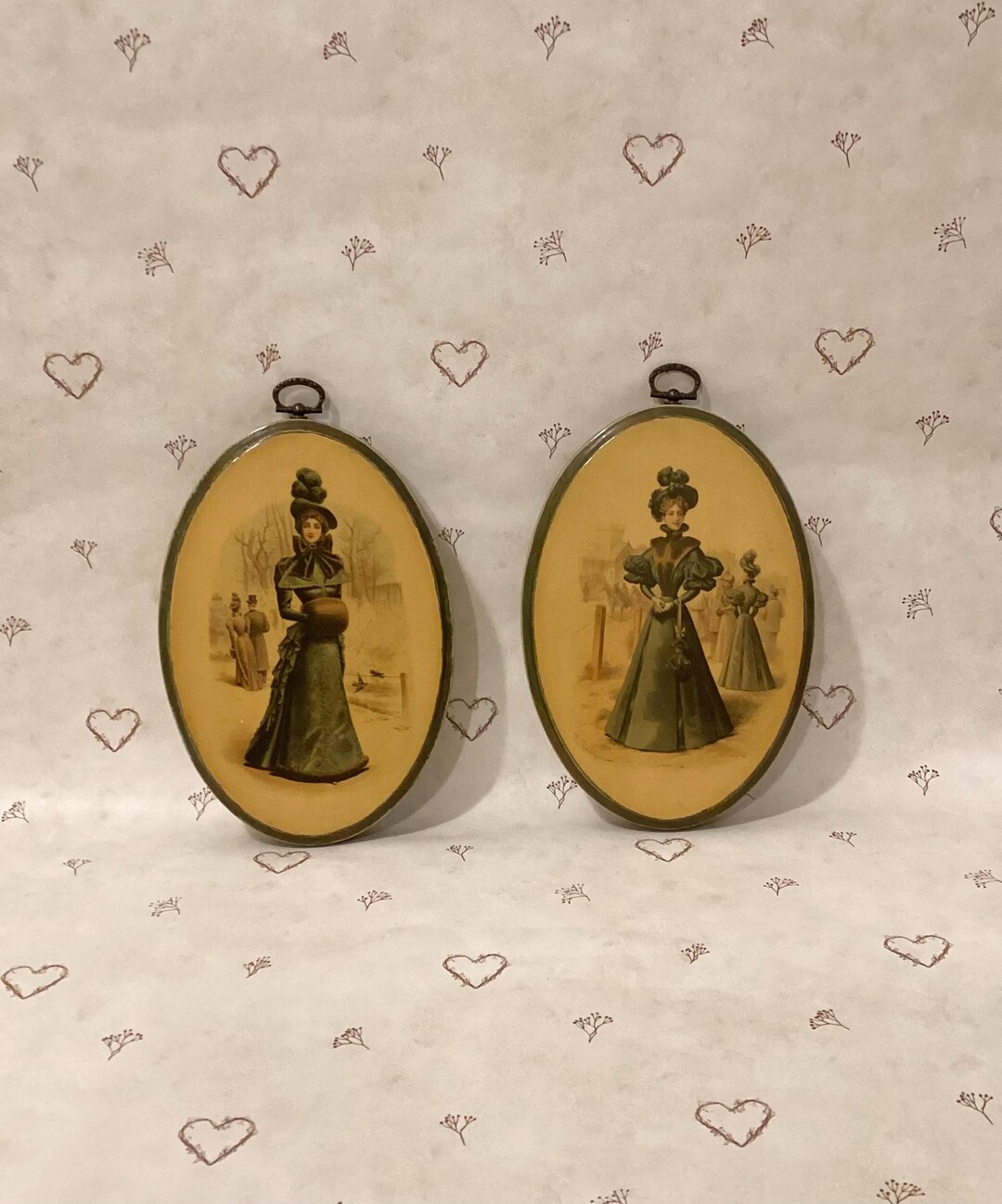 Vintage Pair Small Wooden Oval Victorian Wall Art, Vintage Printed Art ...
