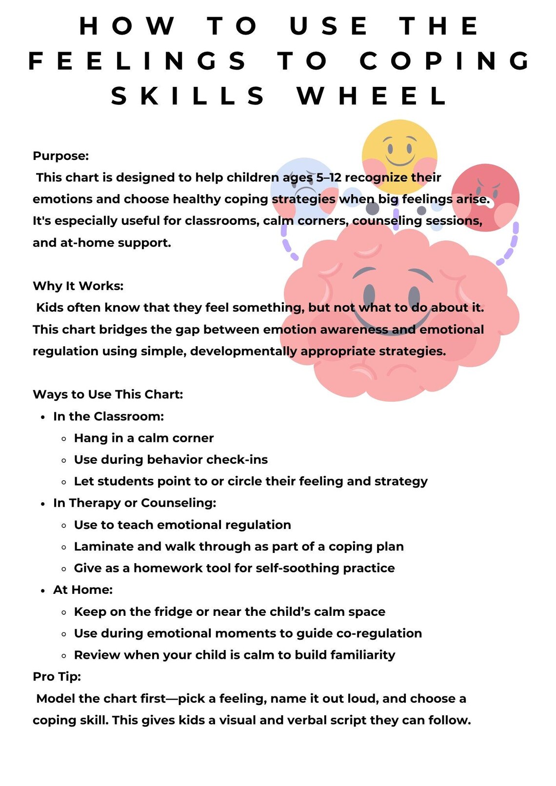 Feelings to Coping Skills Wheel Chart for Kids | Emotional Regulation ...