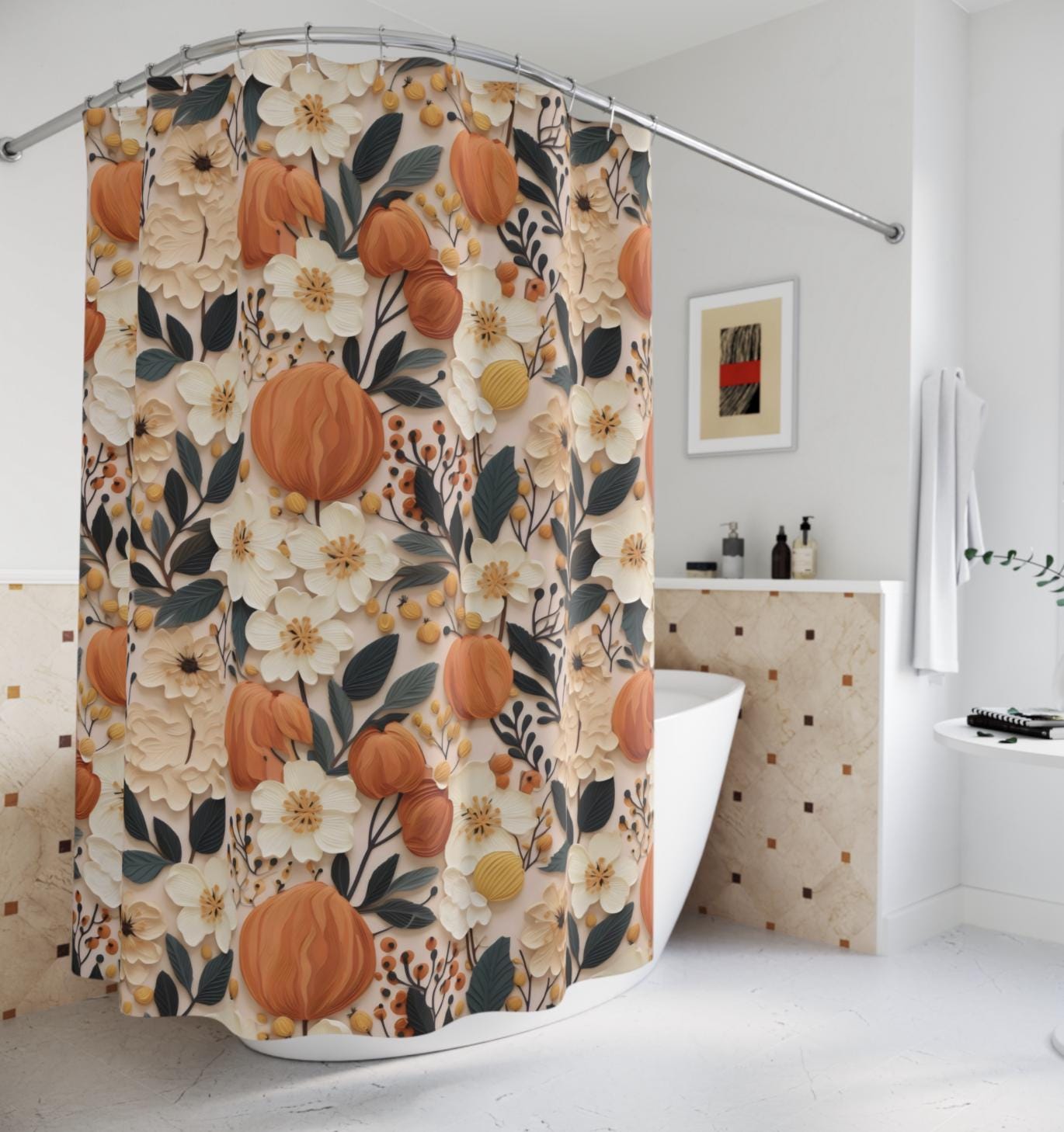 Flowers Bath Mat Terracotta Orange Floral Aesthetic Bathmat Non-slip ...