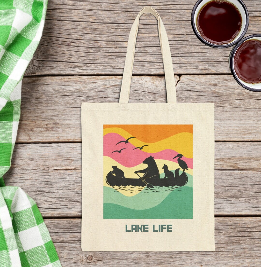 Lake Life Canvas Tote Bag Fun Retro Vintage Style Woodland Animals Bear ...