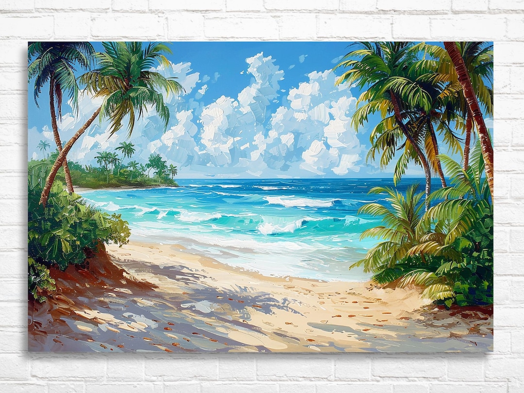 Tropical Beach Oil Painting Style Canvas Print, Seascape Beachscape ...