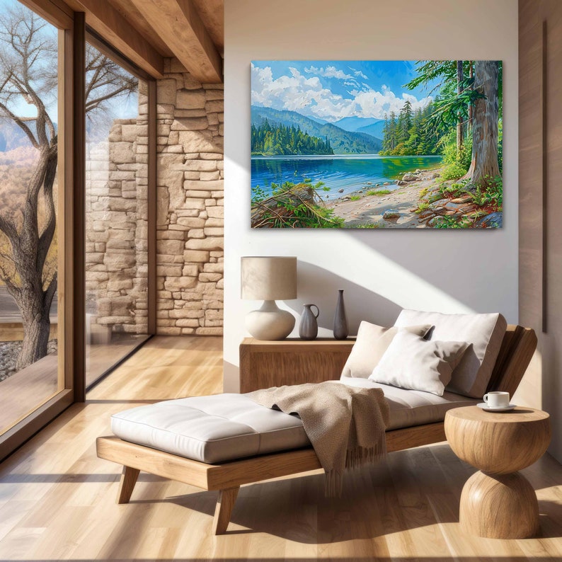 Matheson Lake Oil Painting Canvas Print, Pine Forest Lake Shore Wall ...