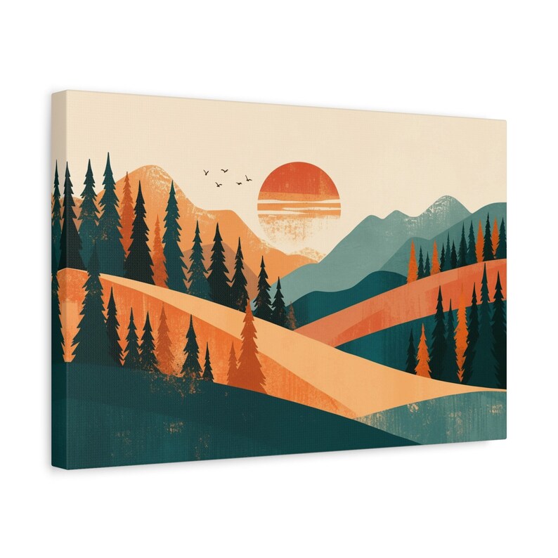 Mid Century Modern Mountain Sunset Wall Art, Vintage Mountain Landscape ...