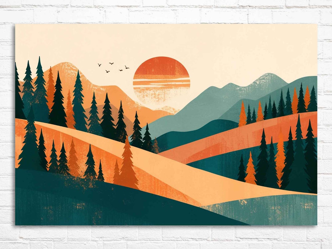 Mid Century Modern Mountain Sunset Wall Art, Vintage Mountain Landscape ...
