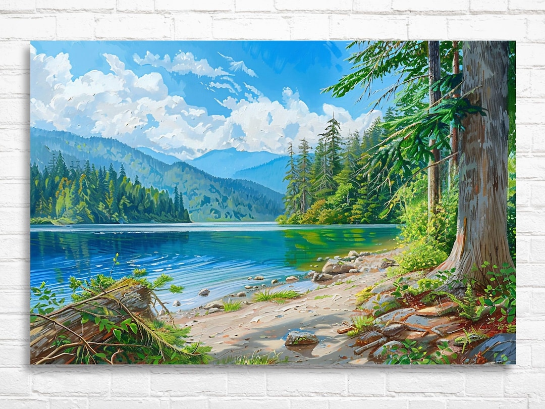 Matheson Lake Oil Painting Canvas Print, Pine Forest Lake Shore Wall ...
