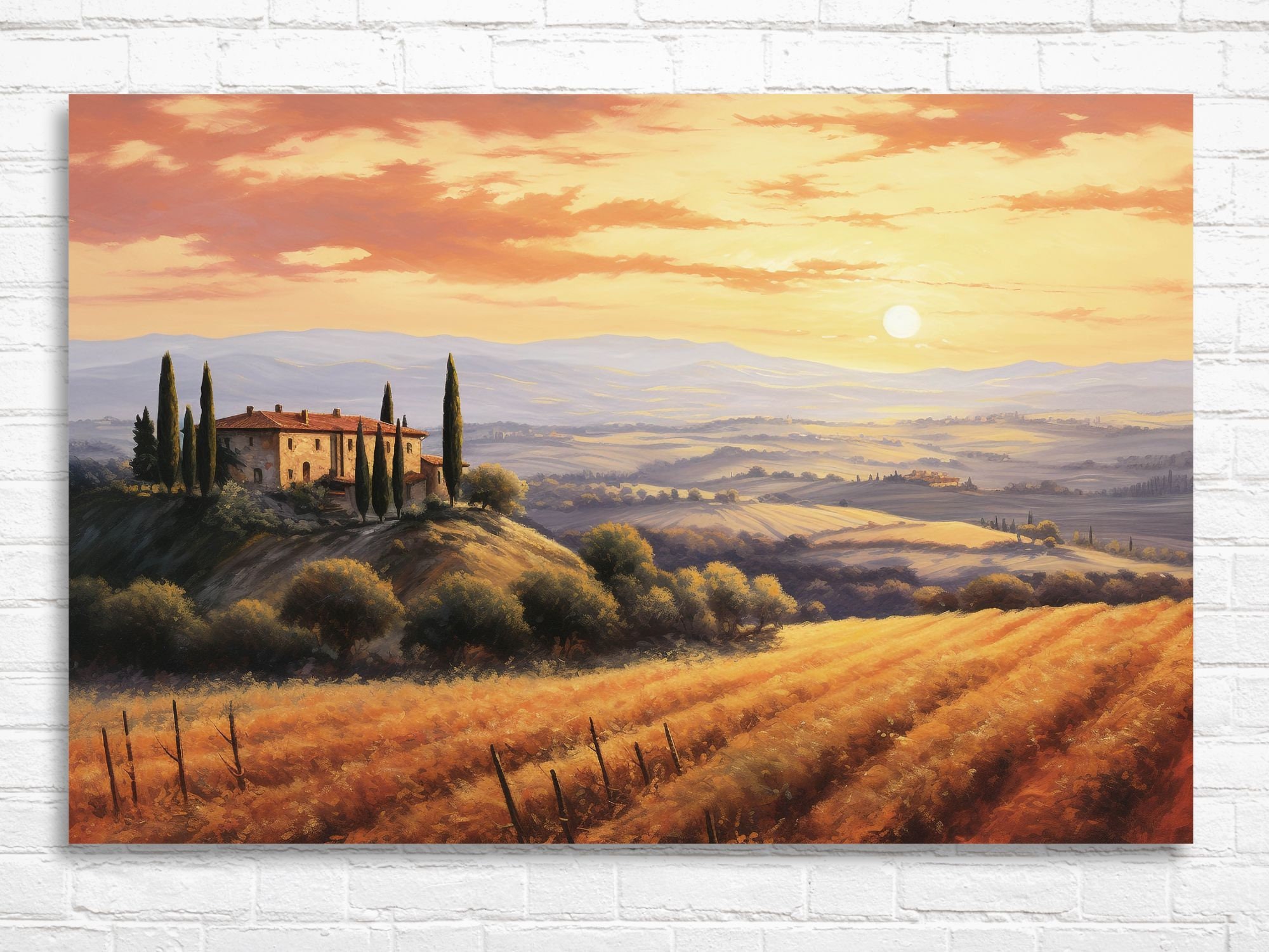 Italian Countryside Wall Art, Tuscany Vineyard Sunset Oil Painting ...