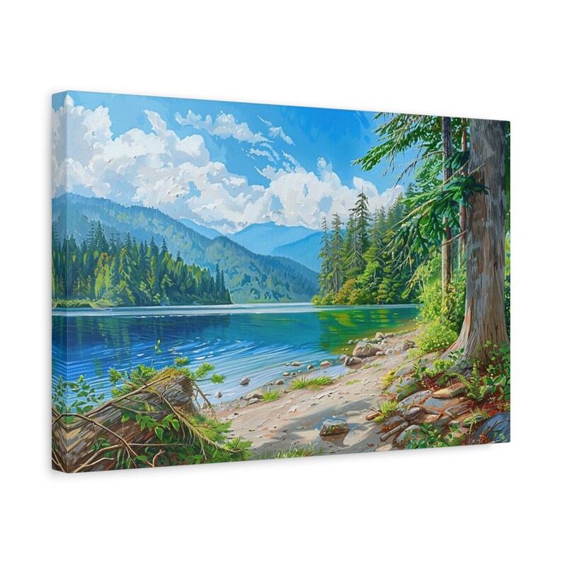 Matheson Lake Oil Painting Canvas Print, Pine Forest Lake Shore Wall ...