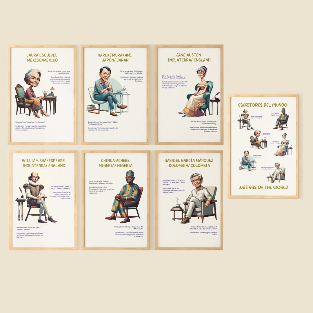 Printable Poster Set of Bilingual World Writers, Spanish and English ...