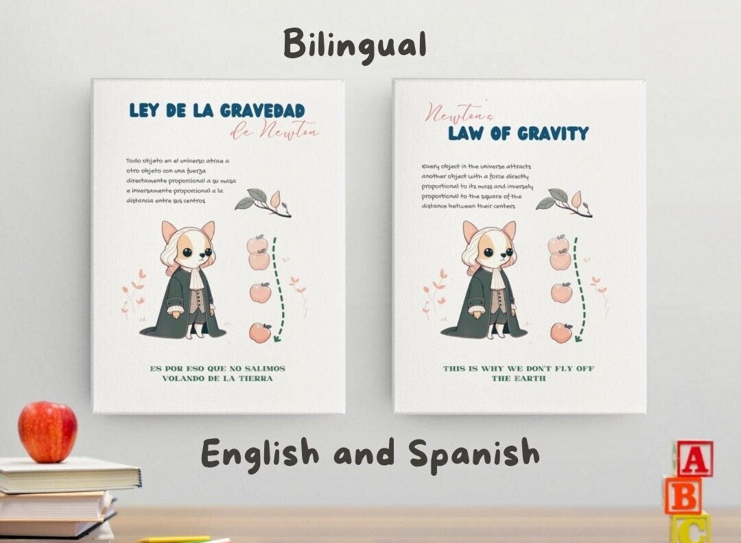 Bilingual Posters for Children Newton's Law of Gravity in Spanish and ...