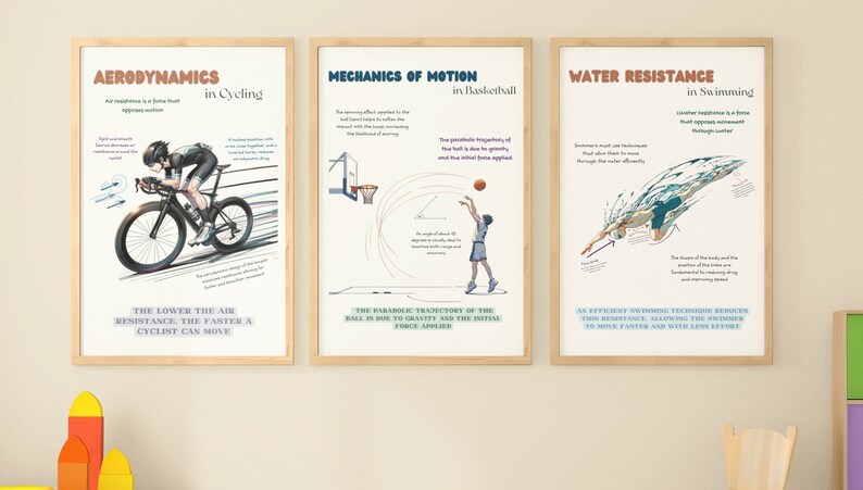 English Poster Set on Sports Physics: Cycling, Basketball, Swimming ...