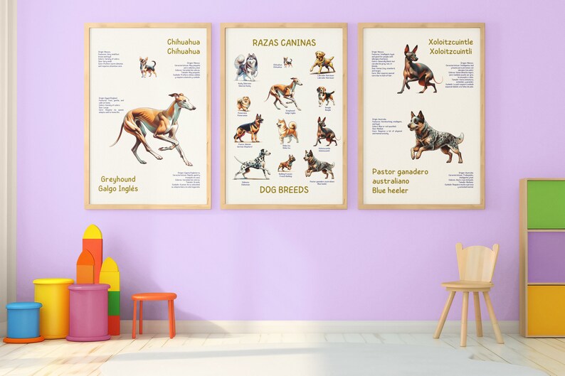 Bilingual Educational Poster Set of Dog Breeds, Learn and Decorate ...