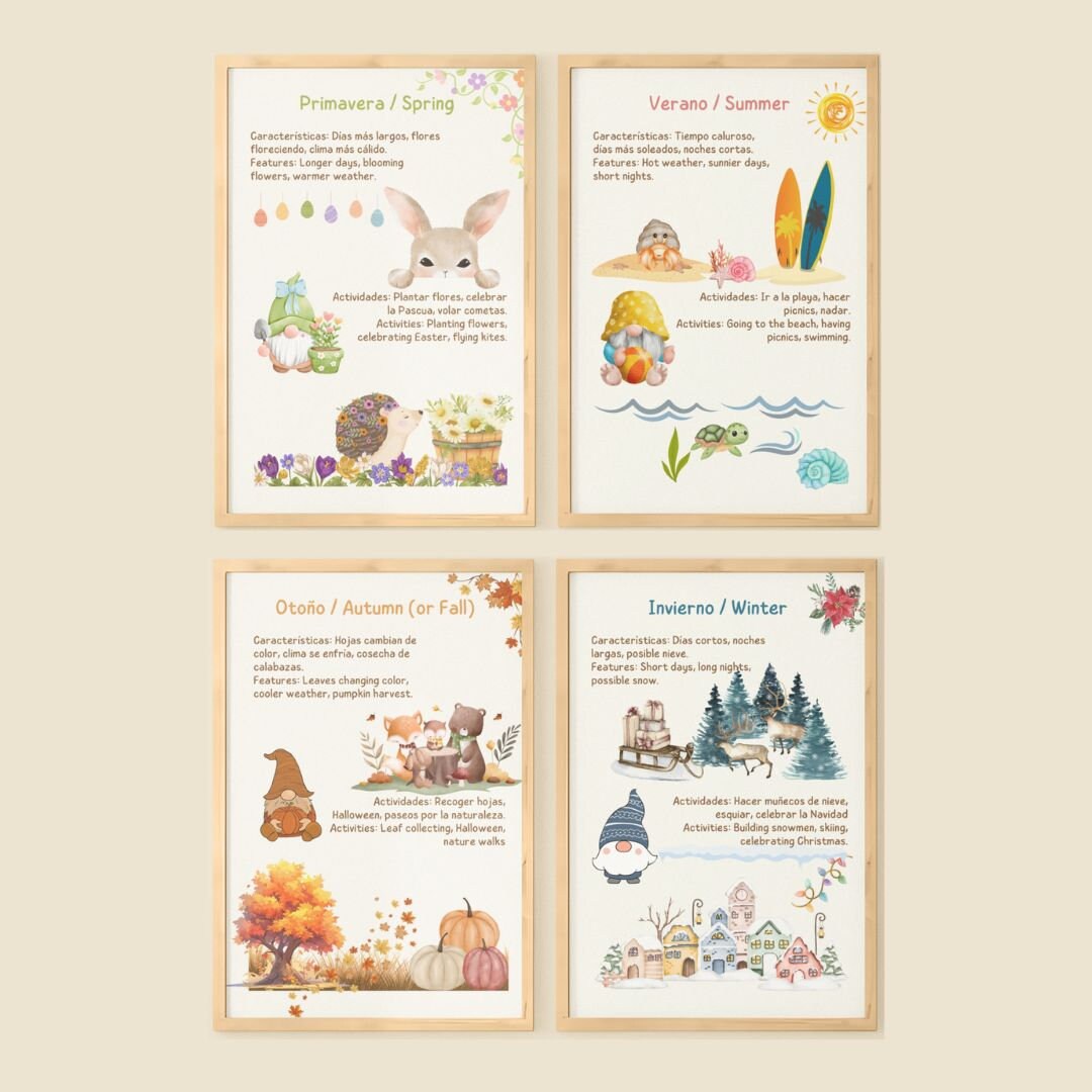 Printable Seasonal Poster Set in Spanish and English for Kids, Seasonal ...