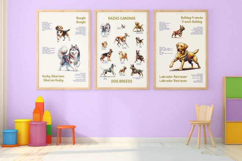 Bilingual Educational Poster Set of Dog Breeds, Learn and Decorate ...