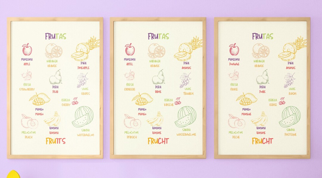 Multilingual Fruit Educational Poster Set for Kids, Spanish-english ...