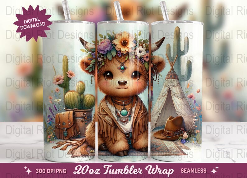 Boho Highland Cow 20oz Skinny Seamless Tumbler Wrap Png Download, Cute ...