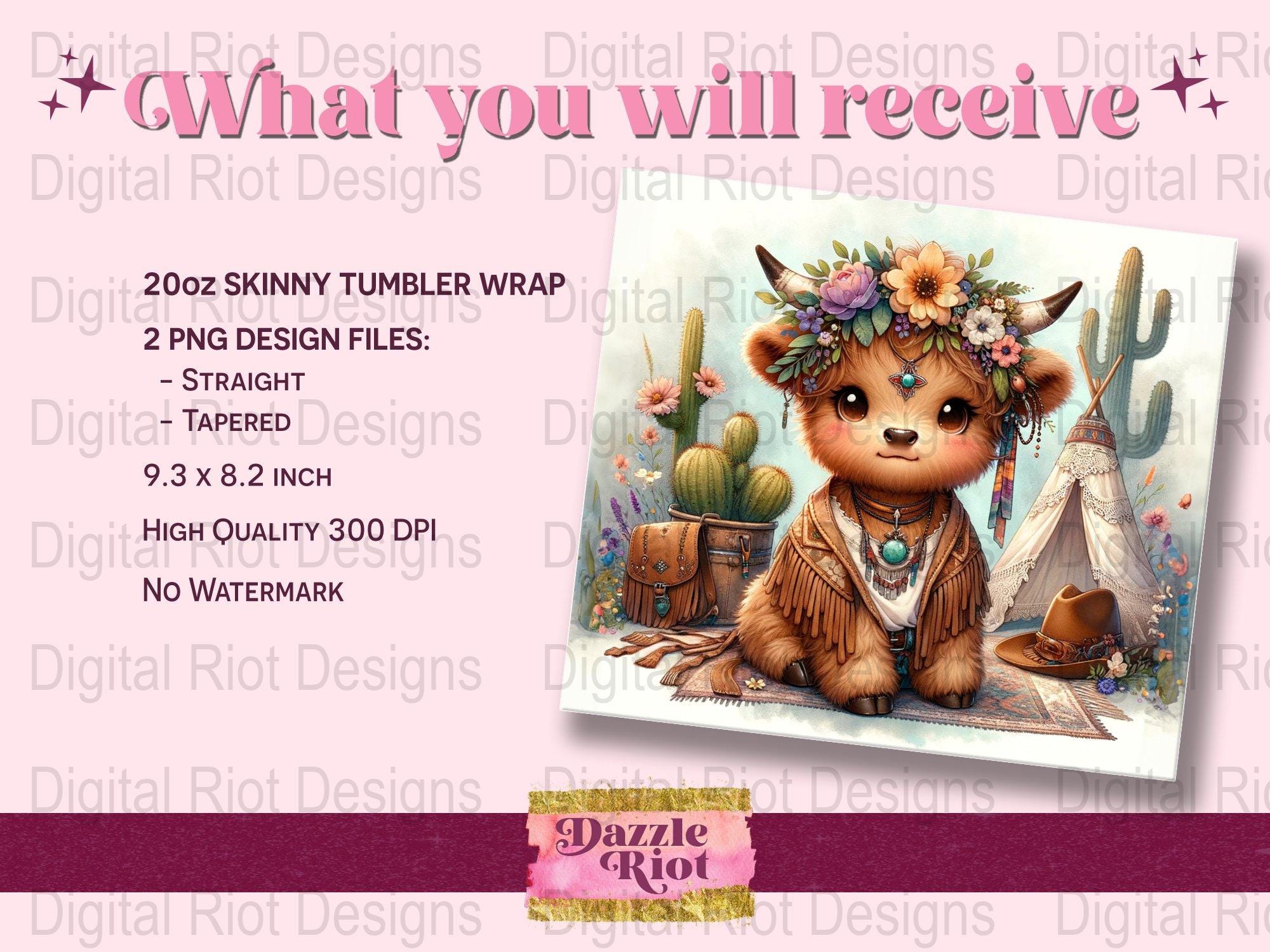 Boho Highland Cow 20oz Skinny Seamless Tumbler Wrap Png Download, Cute ...