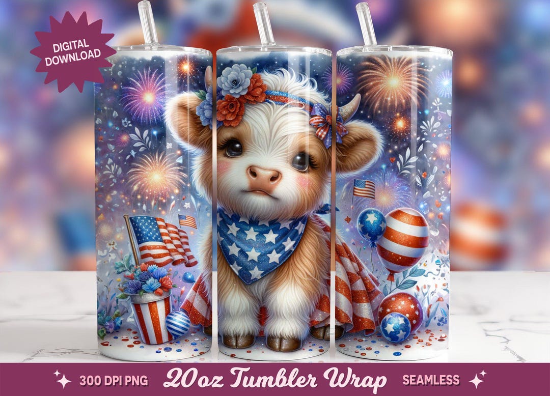 Highland Cow With Fireworks 20oz Skinny Tumbler Wrap Digital Download ...