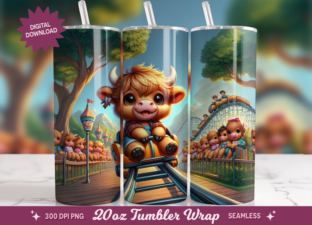 Highland Cow 20oz Skinny Tumbler Wrap Download, Cute Cow Roller Coaster ...