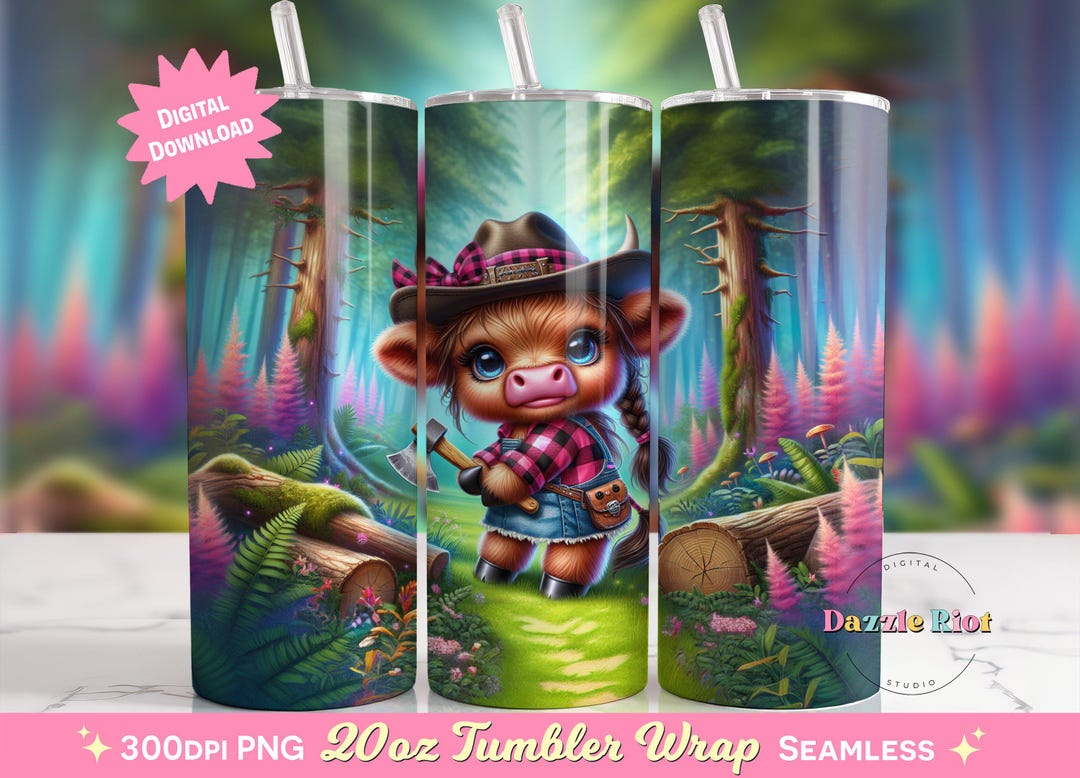Cute Highland Cow Lumberjack PNG Design, Seamless Sublimation for 20oz ...