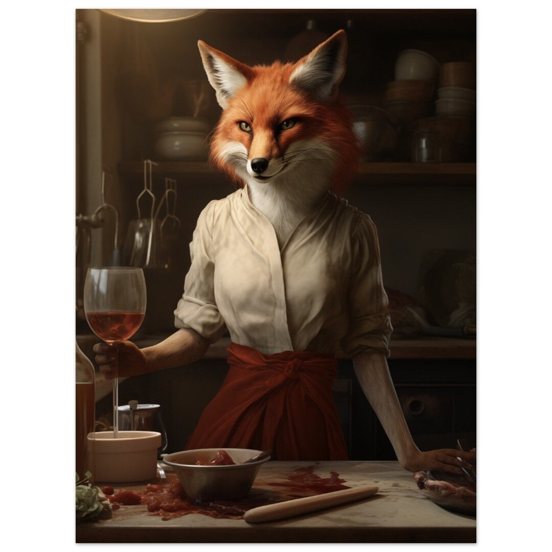 Fox in Kitchen Portrait, Fox Wall Art Print, Fox Cooking, Modern Art ...