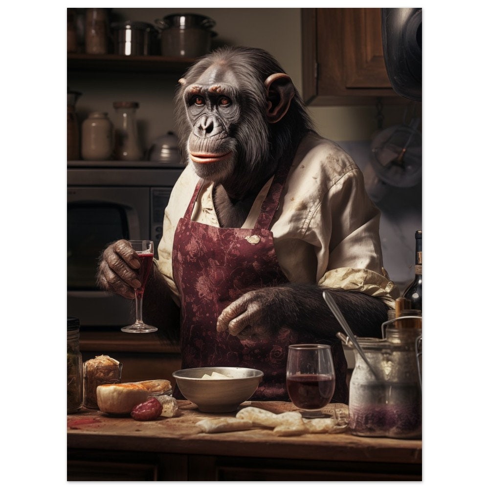 Chimp in Kitchen Portrait, Chimp Wall Art Print, Chimp Cooking, Modern ...