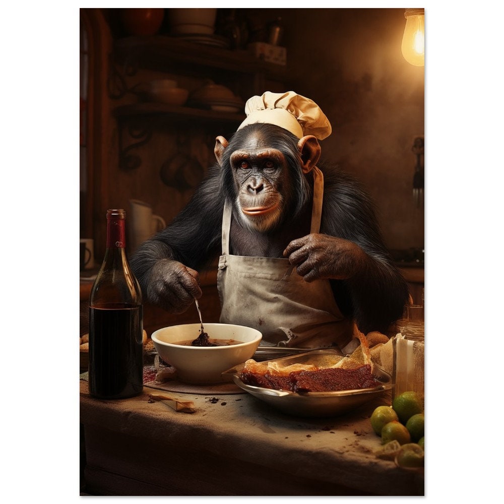 Chimp in Kitchen Portrait, Chimp Wall Art Print, Chimp Cooking, Modern ...