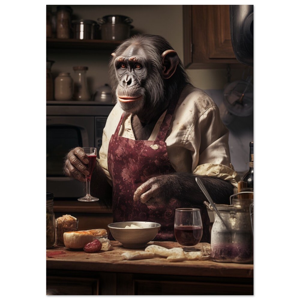 Chimp in Kitchen Portrait, Chimp Wall Art Print, Chimp Cooking, Modern ...