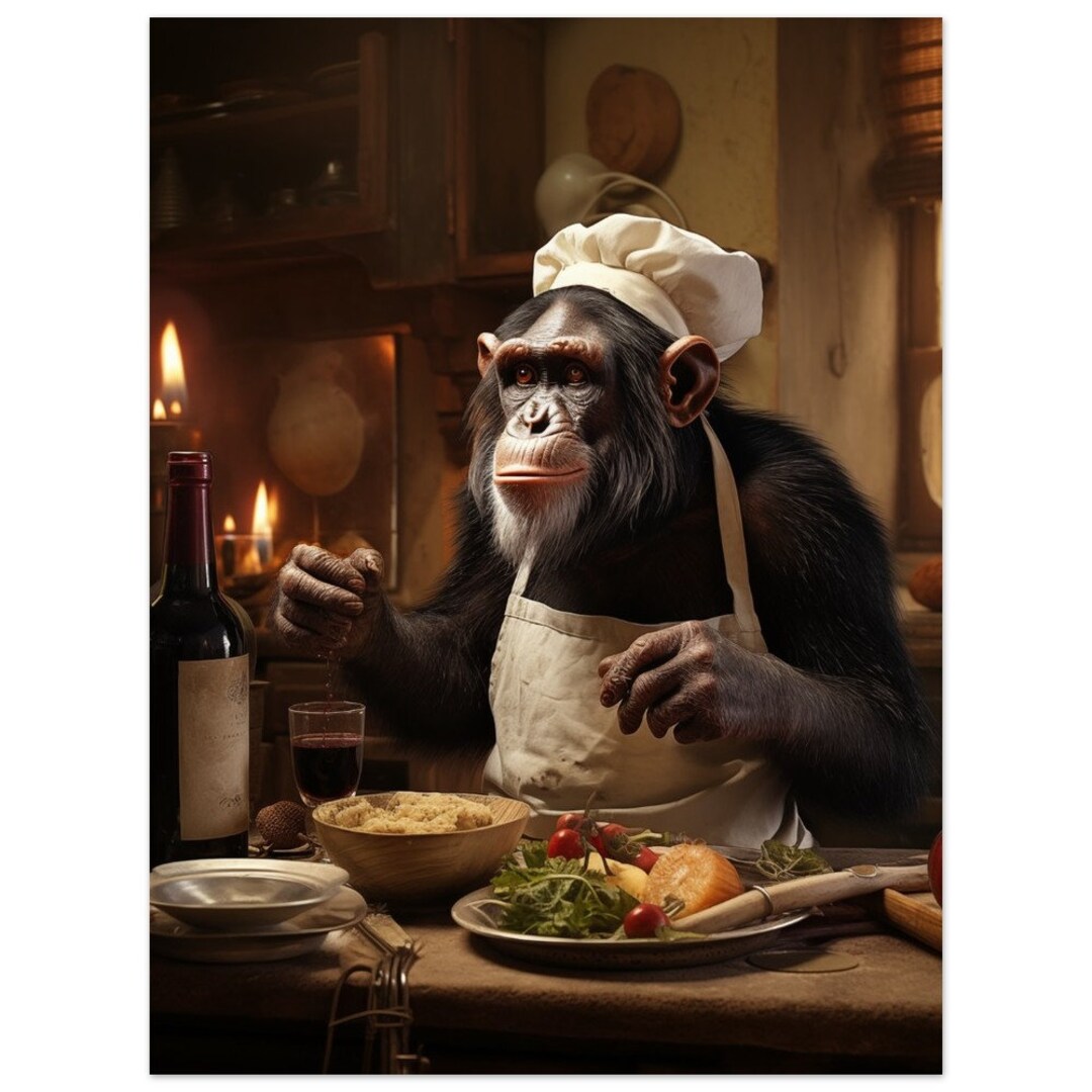 Chimp in Kitchen Portrait, Chimp Wall Art Print, Chimp Cooking, Modern ...
