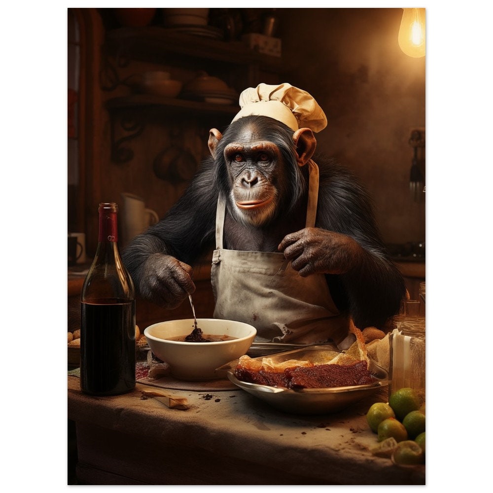 Chimp in Kitchen Portrait, Chimp Wall Art Print, Chimp Cooking, Modern ...