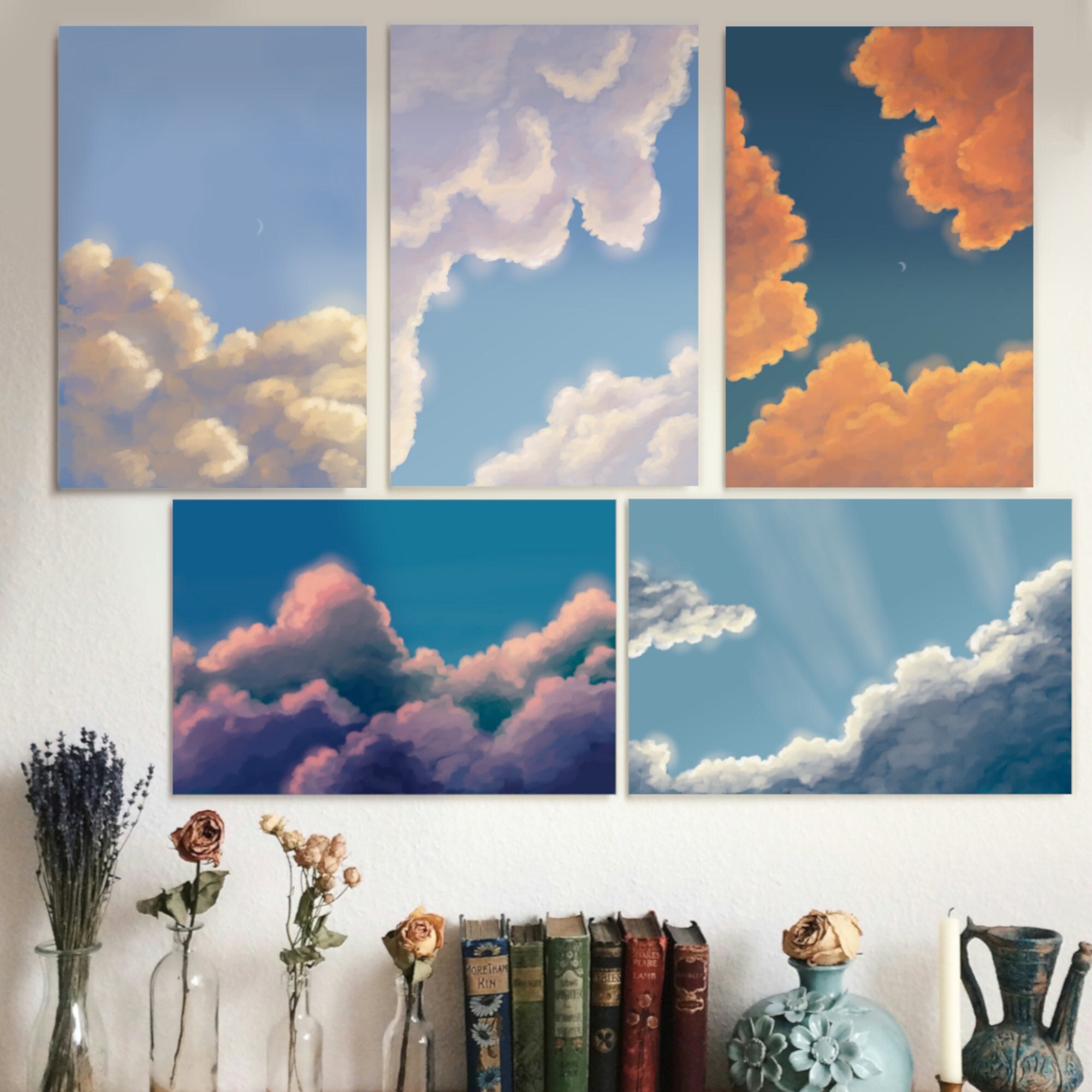 Digital Cloud Art Printables Set of 5, Cloudscape Wall Art, Sunset ...