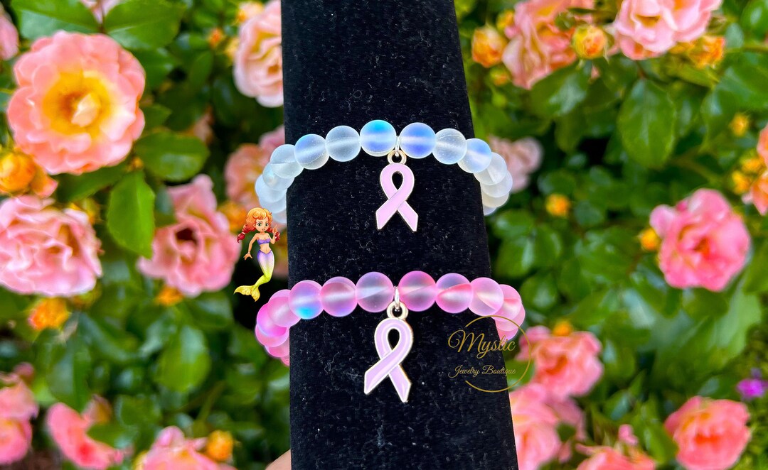 Aurora Quartz Beaded Bracelet: Breast Cancer Awareness Ribbon Charm ...