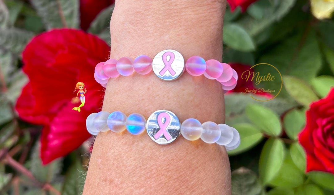 Holographic Glass Beaded Breast Cancer Awareness Bracelet Mystic ...