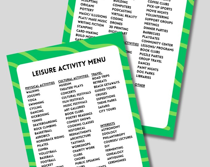 Leisure Activity List Leisure Activity Menu Leisure Exploration Tool - Etsy