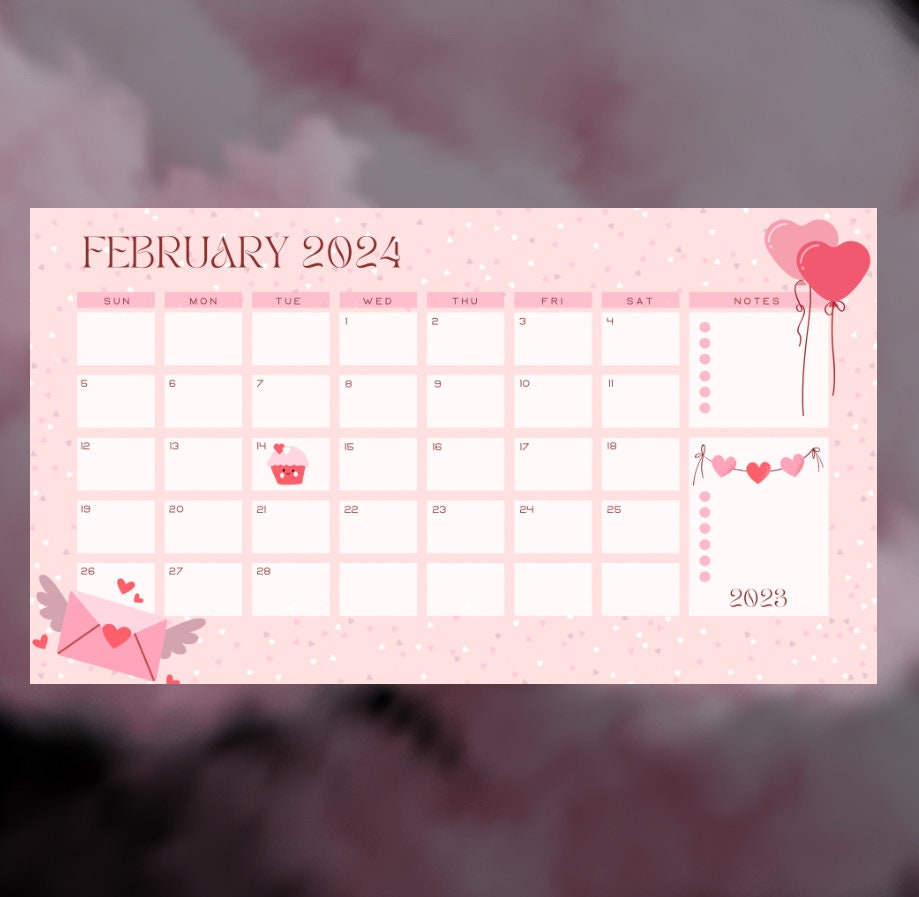 EDITABLE February 2024 Calendar, Cute Sweet Digital Valentine 2024 - Etsy