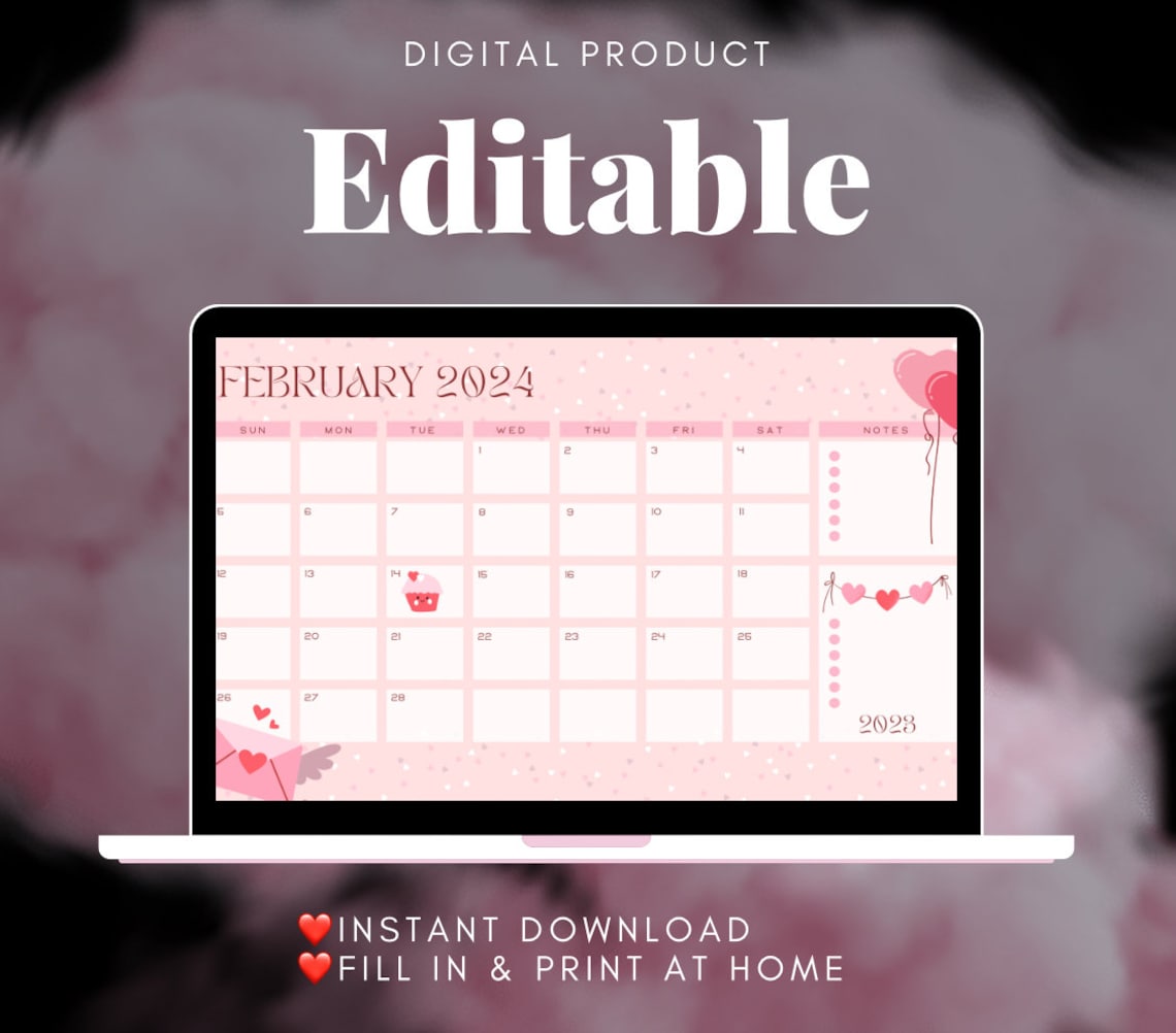 EDITABLE February 2024 Calendar, Cute Sweet Digital Valentine 2024 - Etsy
