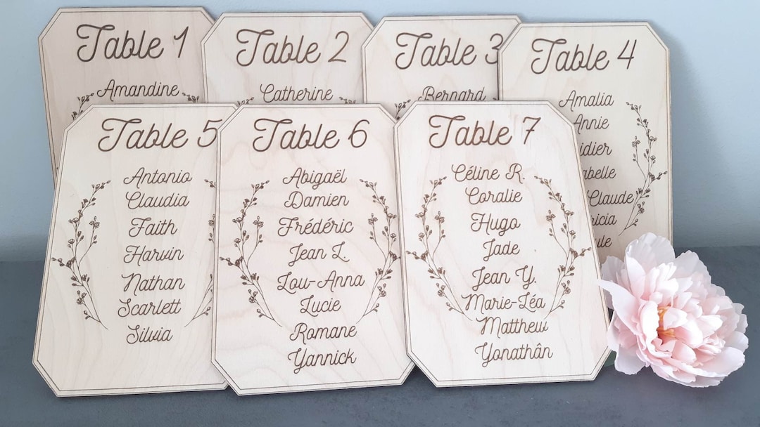 Noms de table, marque table, marque place, numéro de table gravé ...
