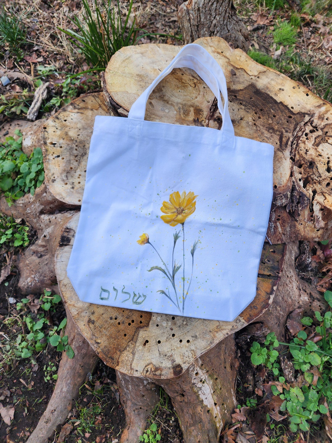 Canvas Tote Bag Shalom and Yellow Flowers Cute Hand-painted Customized ...